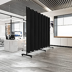 Madamera Adjustable Room Divider, 7 ft x 10 ft, 4 Rolling Wheels Curtain Divider Stand, Black Metal Frame, Blackout Curtain & Portable Tool, Expandable Screen for Office, Bedroom, Kitchen (Black)