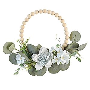 YHNJI Artificial Flower Wreath,Wood Beads Flower Wreath,Farmhouse Hoop Wreath with Flowers,Simulation Wood Beads Door Wreath,Artificial Spring Flowers Garland for Front Door Decor, Blue, 33cm/13.65in