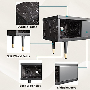 Bestier Mid Century Modern TV Stand for 85 inch tv, Entertainment Center with Storage and Sliding Doors, 2 in 1 Long TV Cabinet for Living Room, Black Marble