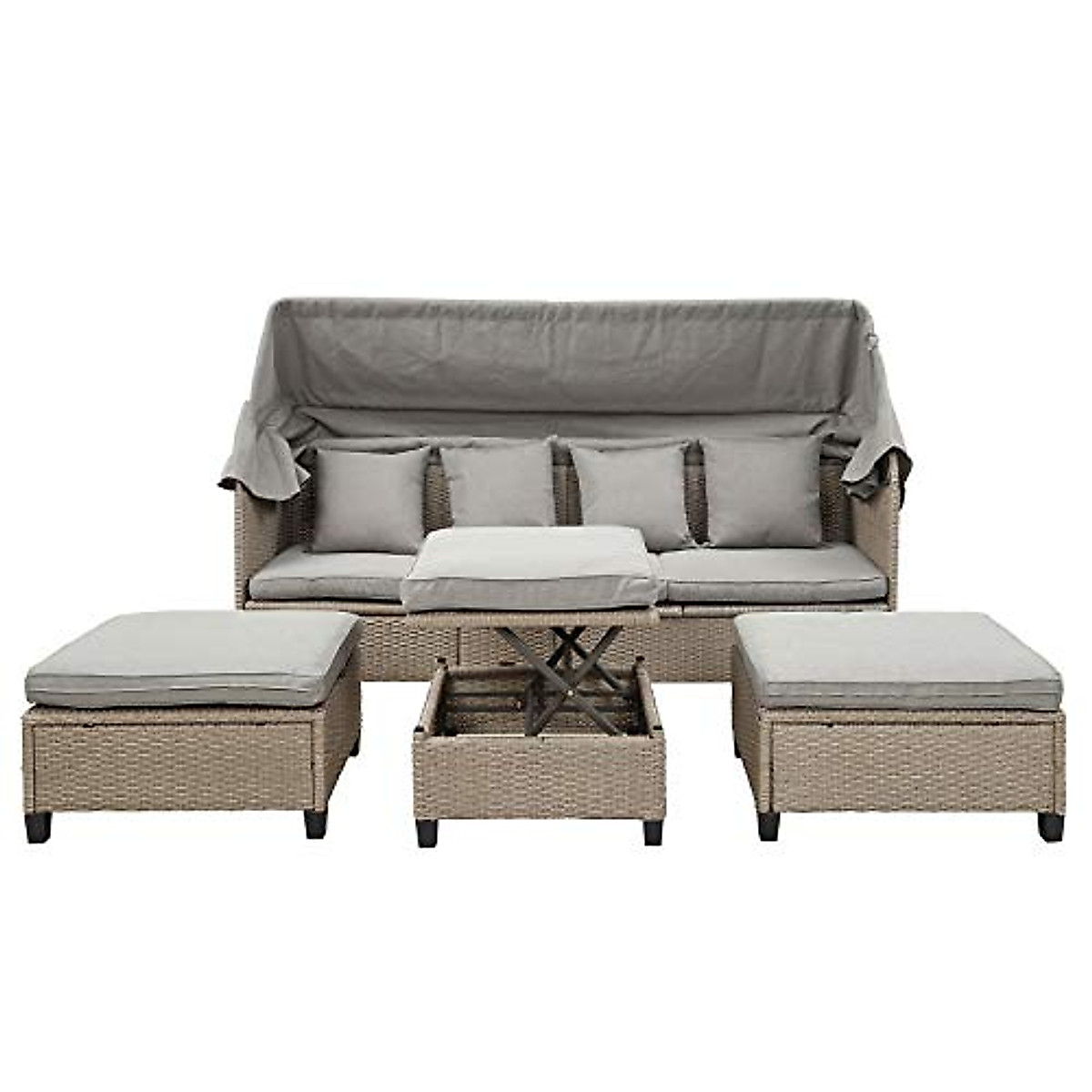 Danxee 4 Piece UV-Proof Resin Outdoor Sectional Sofa Set Patio Rattan Daybed with Retractable Canopy, Wicker Patio Sofa Set with Cushions, Pillows, and Lifting Table