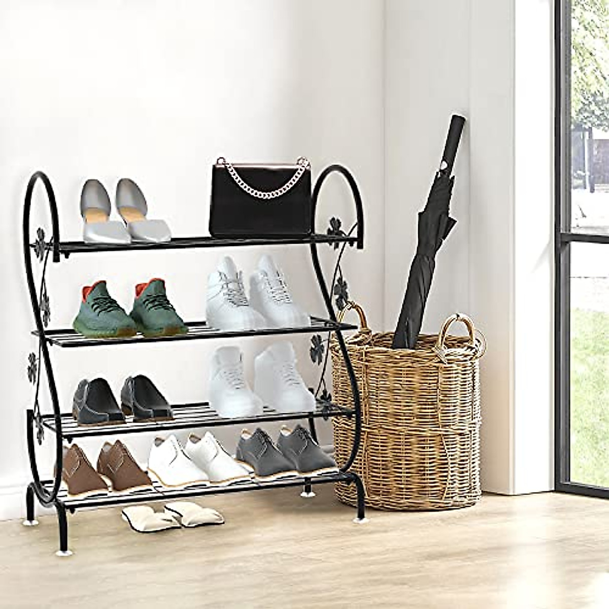 Nijoam 4-Tier Shoe Rack Storage, Metal Wire - Weatherproof Shoe Shelf Stand for Outdoor, Entryway, Organizer - Black -27inch