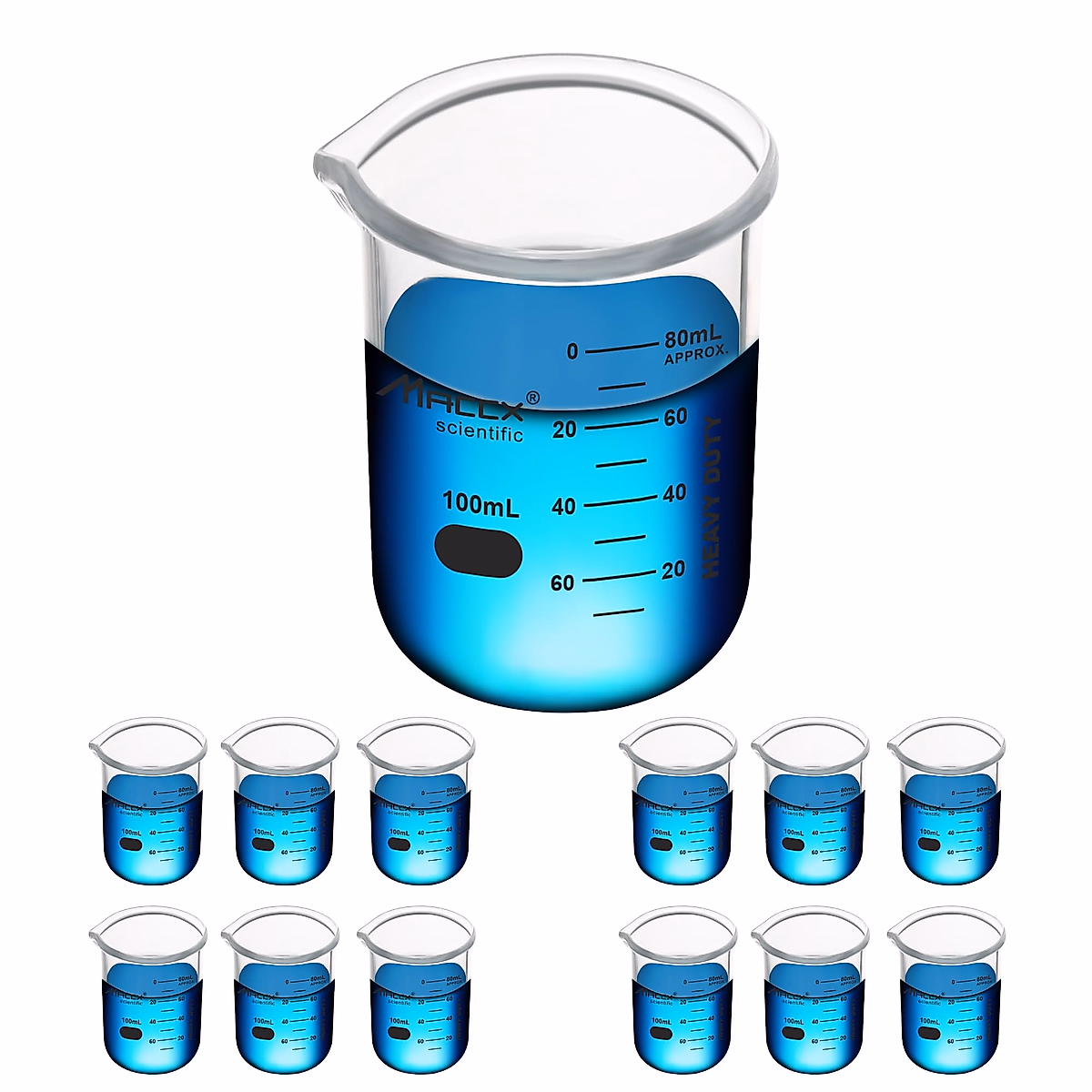 Maccx 3.4oz(100ml) Sturdy Glass Beaker, 3.3 Borosilicate Griffin Low Form with Printed Graduation, Pack of 12, BKL100-012