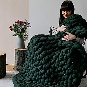 Inverse growth Handmade Chunky Knit Blanket Large Thick Wool Bulky Knitting Throw for Bedroom Decor Pet Bed Chair Mat Rug Dark Green 48"×60"