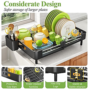Dish Drying Rack, Kitchen Counter Dish Drainers Rack, Auto-Drain Expandable(13.2"-19.7") Stainless Steel Large Strainers Over Sink Drying Rack Drainboard with Utensil Holder Caddy Organizer, Grey