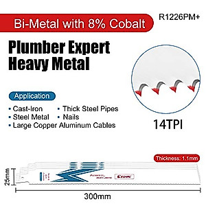 EZARC Reciprocating Saw Blade Bi-Metal Cobalt Sabre Saw Blades for Heavy Metal Cutting 12-Inch 14TPI R1226PM+ (5-Pack)