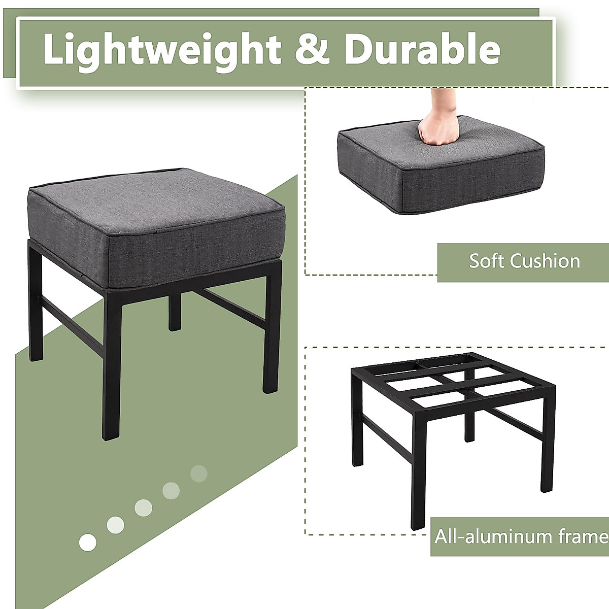 Auzfy 2 Pieces Outdoor Ottomans for Patio, Assembled Aluminum Outdoor Ottoman with Gray Cushions, Aluminum Small Outdoor Foot Stools for Patio Porch Yard Garden Deck, Black Frame