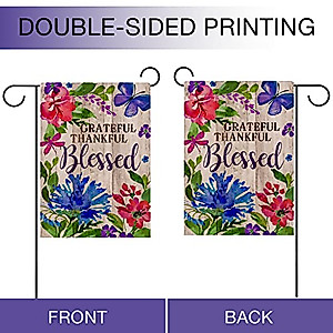 Hzppyz Grateful Thankful Blessed Thanksgiving Garden Flag, Decorative Small Outdoor Flag Flower, Rustic Burlap Christmas House Yard Flag Spring Outside Holiday Decoration Home Decor Flag 12.5 x 18