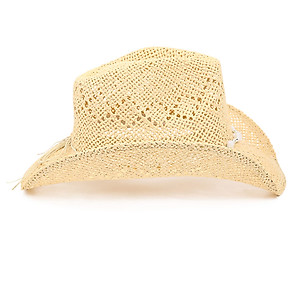 TOVOSO Western Cowgirl, Straw Cowboy Hat for Women with Shapeable Brim, Beaded Hearts Trim, Beige