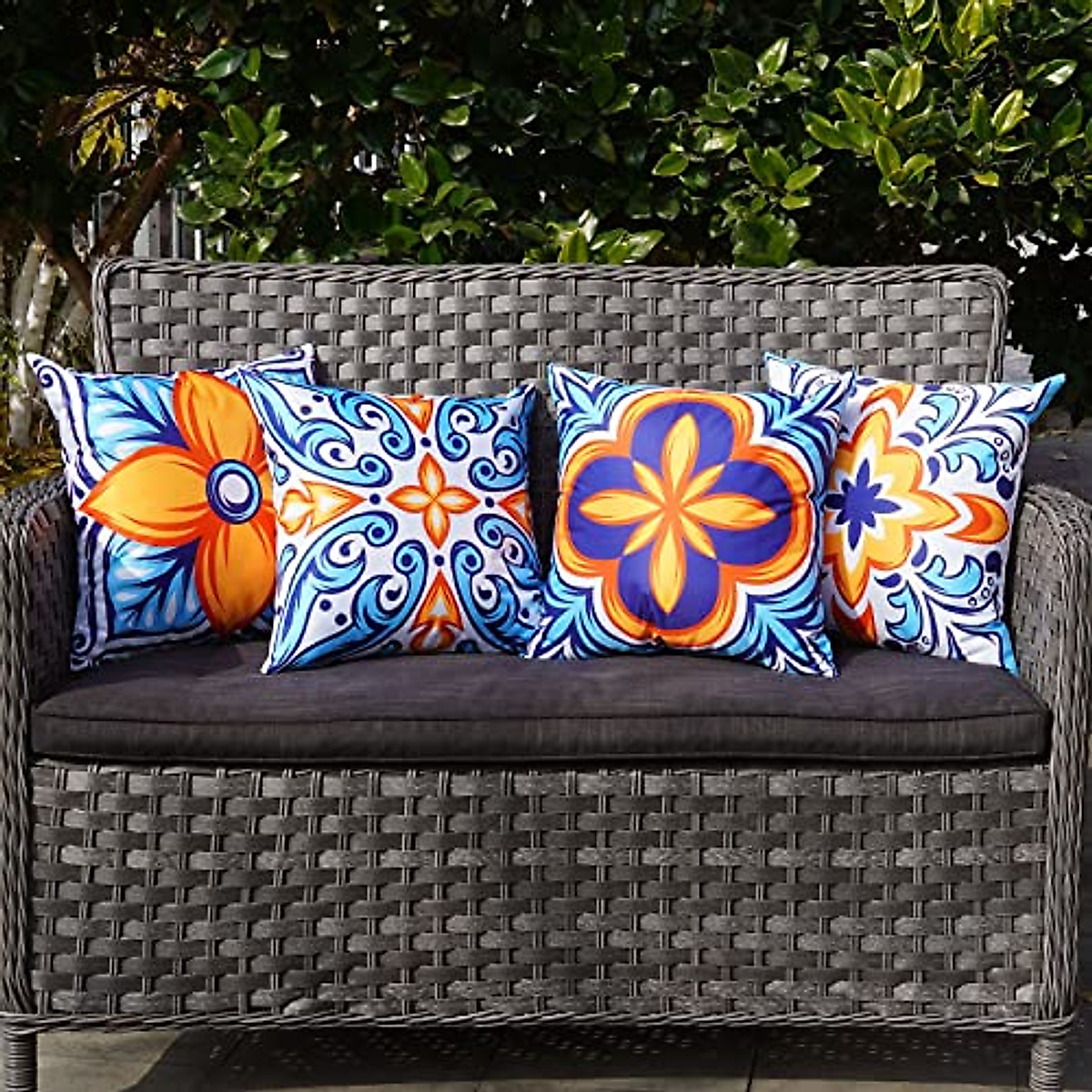 ONWAY Outdoor Pillow Covers Waterproof 16x16 Set of 4 Floral Boho Decorative Throw Cushion Cover Farmhouse Pillows for Bench Couch Patio Furniture