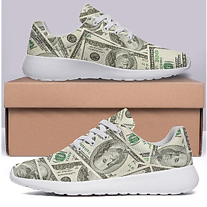 Sonzj-II Money Pattern Fashion Ultra Lightweight Running Sneakers Men Women 100 Dollar Bill Print Walking Tennis Shoes White Size 12