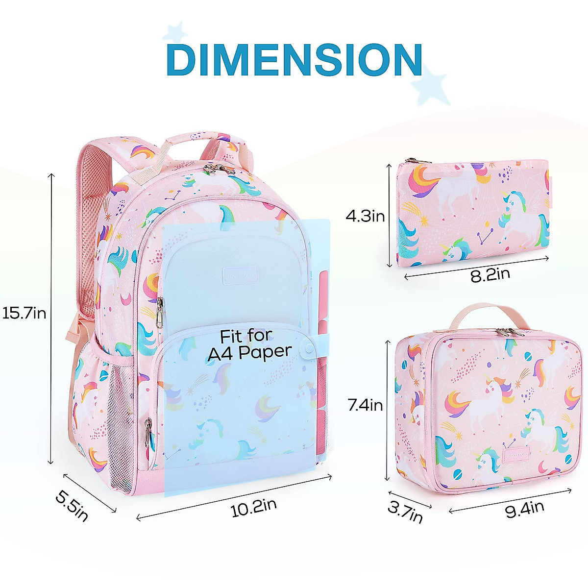 mommore Kids Backpack Set, Unicorn Backpack for Girls Lightweight Elementary Bookbag for Students School Backpack for Children with Chest Strap Water Resistant, 3pcs pink