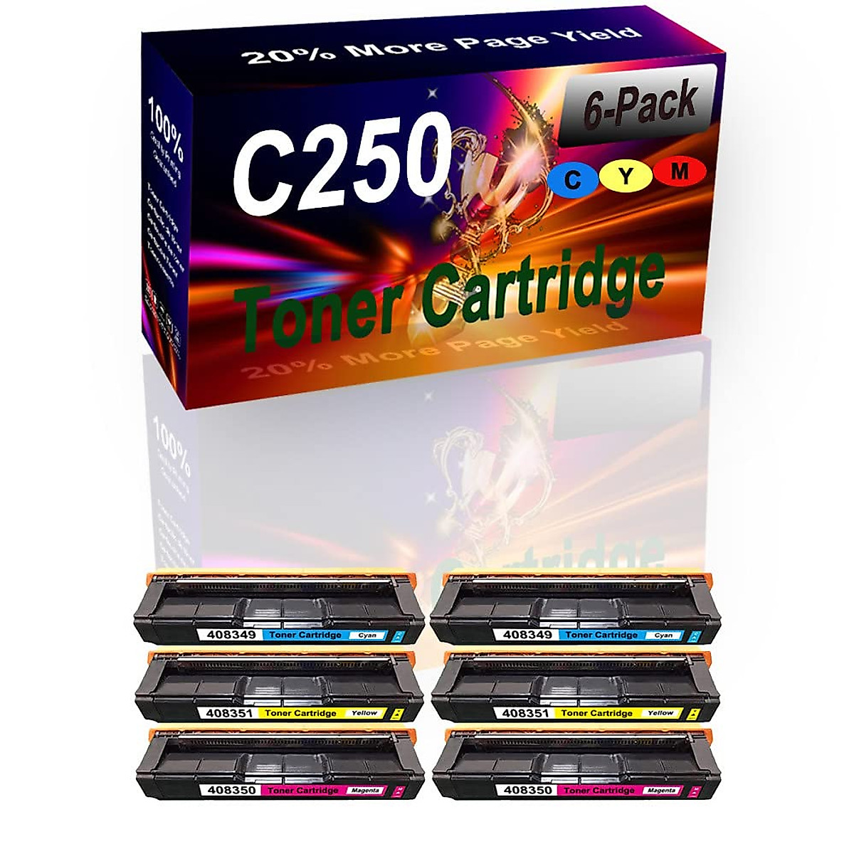 SINIYA 6-Pack (2C+2Y+2M) Compatible High Yield C250(408349 408351 408350) Printer Toner Cartridge use for Ricoh M C250FWB M C250 Printers