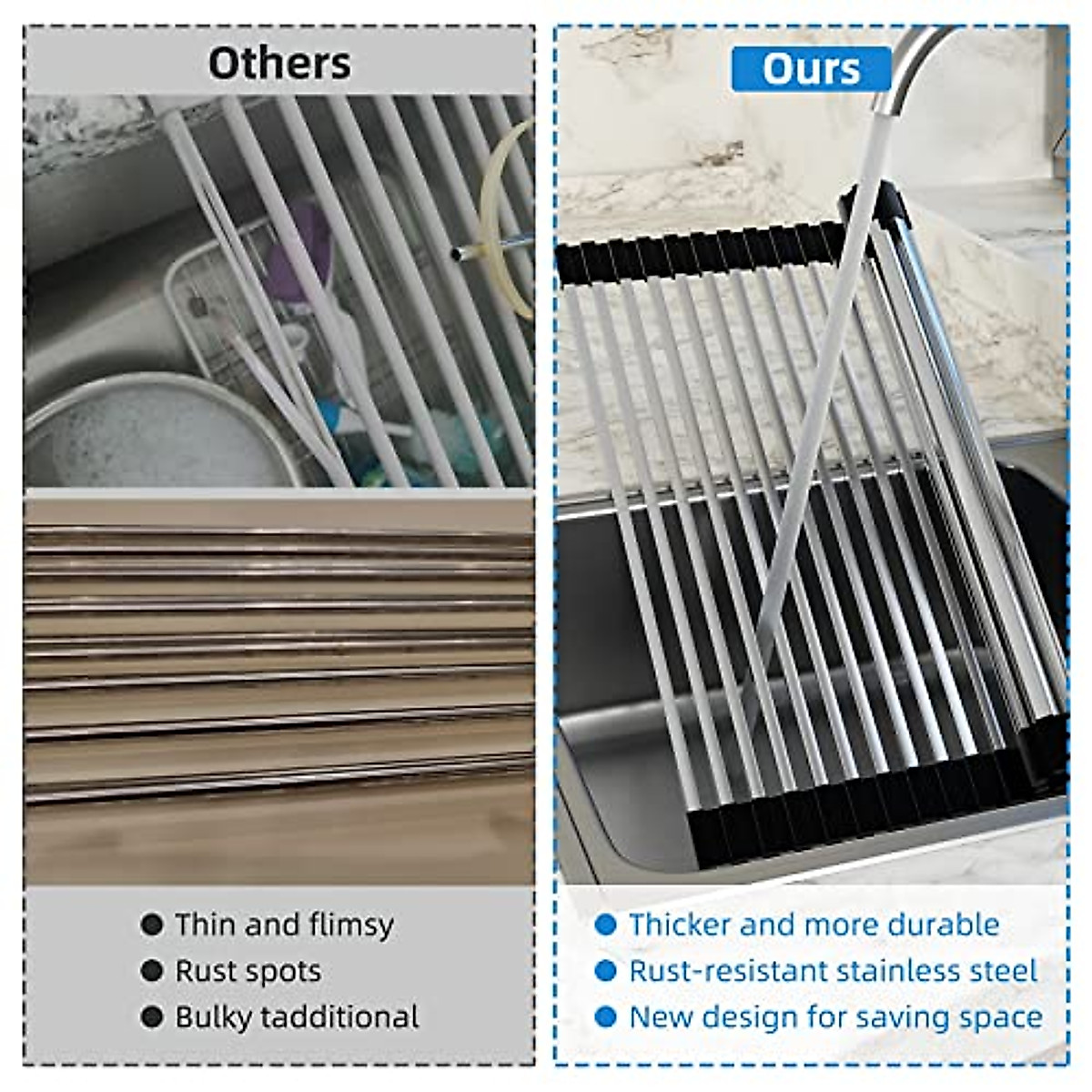 iFealClear Roll Up Dish Drying Rack, Over The Sink Stainless Steel Roll-up Dish Drying Rack for Kitchen Counter, Foldable Dish Drainer for Kitchen Dishes, Cups, Fruits and Vegetables (20.5" *17.5")
