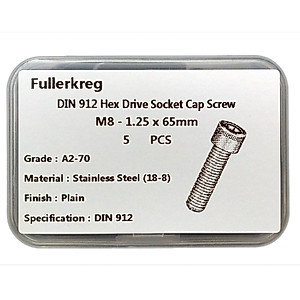 Fullerkreg M8-1.25 x 65MM Socket Head Cap Screws, Allen Socket Drive, Din 912, AISI 304 Stainless Steel (18-8), Full Thread, Bright Finish, Machine Thread, Quantity 5