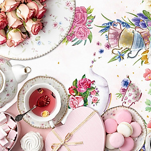 4 Pack Tea Party Decoration Floral Tea Party Tablecloth Tea Party Birthday Supplies 86” x 51” Rectangle Plastic Spring Disposable Floral tea party Table Cover Baby Shower Floral Birthday Decorations