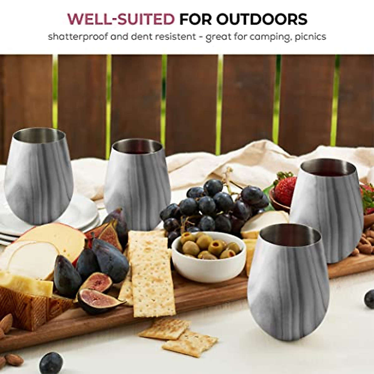Stainless Steel Unbreakable Wineglasses - 18-Ounce Set of 4 Wineglasses. Premium-Grade 18/8 Stainless Steel Red & White Stemless Wineglasses set, Portable Wine Tumbler, for Outdoor Events, Picnics