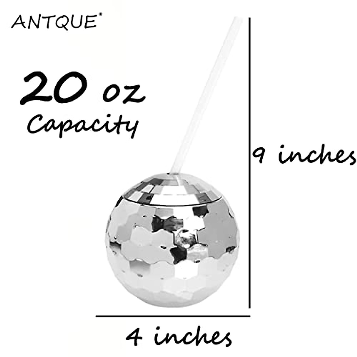 ANTQUE 1 PCS Disco Ball Cup with Straws, Tumbler Reusable Disco Flash Ball Cups for Party, Cocktail Ball Cups Spherical with Lid and Straw Wine Cups for Nightclub Bar Party Decor(Silver)