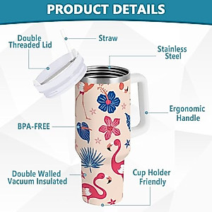 DIGTIA Stainless Steel Insulated Tumbler w/Handle & Straw, Flamingos Palm Tree Double Wall Vacuum Travel Coffee Mug Cup w/Lid, Leak-Proof Sports Tropical Water Bottle,30oz