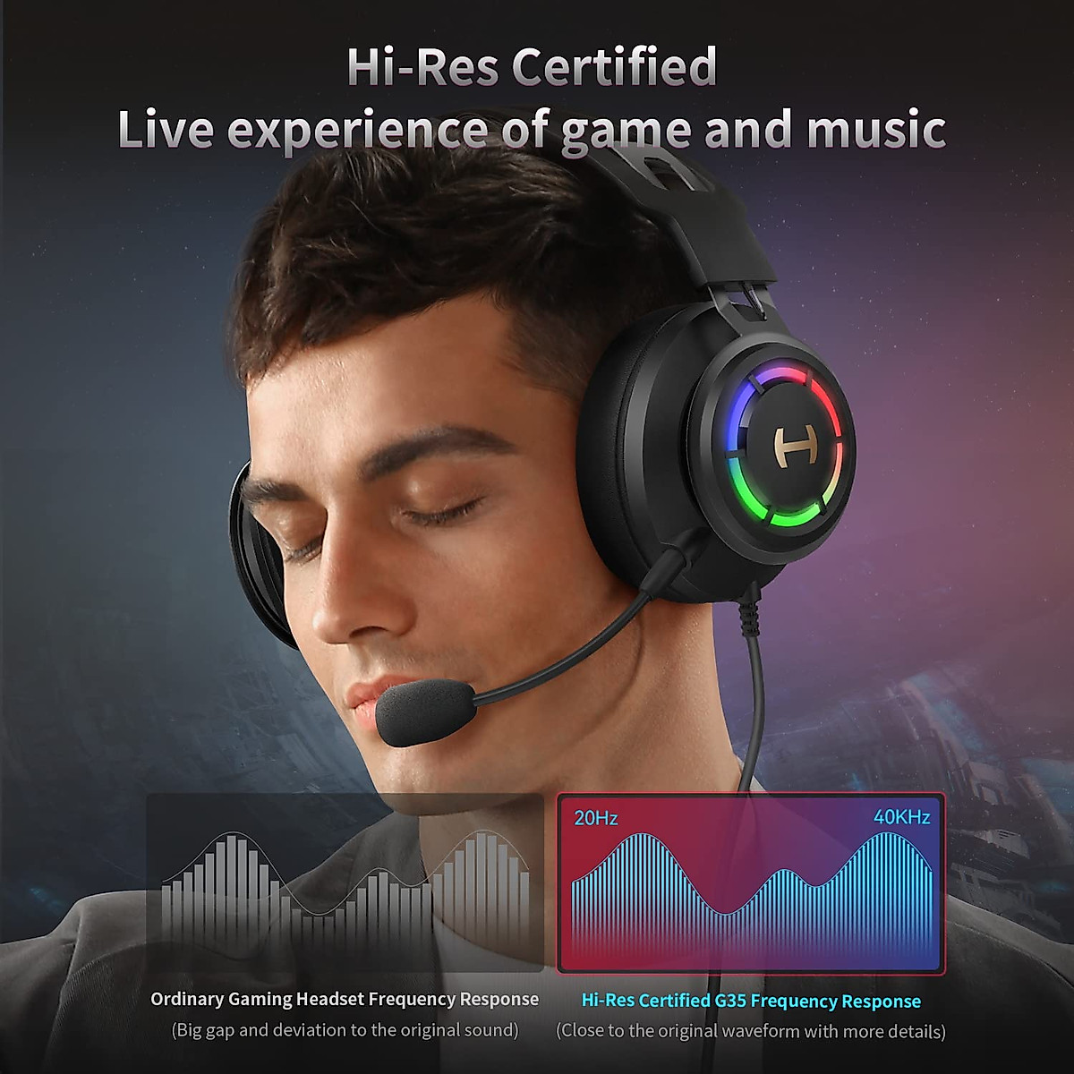 Edifier G35 PC Gaming Headset Hi-Res Sound Quality USB Over-Ear Headphone with 7.1 Surrounding Sound, 50mm Hybrid Driver, ENC Noise Cancelling Mic, 16.8m RGB Light for PC PS4 Mac Laptop Desktop Black