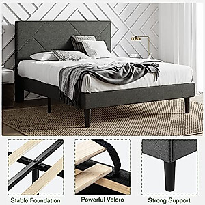 IMUsee Full Size Bed Frame, Upholstered Bed Frame with Geometric Headboard, Heavy Duty Mattress Foundation with Wooden Slats, Easy Assembly, Dark Grey