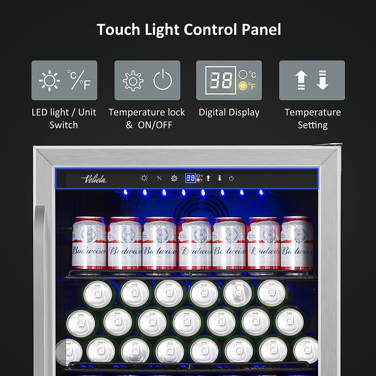 Velieta 24 Inch Beverage Refrigerator Cooler,210 Cans Wide Beverage and Beer Fridge with Glass Door and Powerful Cooling Compressor, Built-in/Freestanding Drink Fridge for Kitchen, Bar or Office