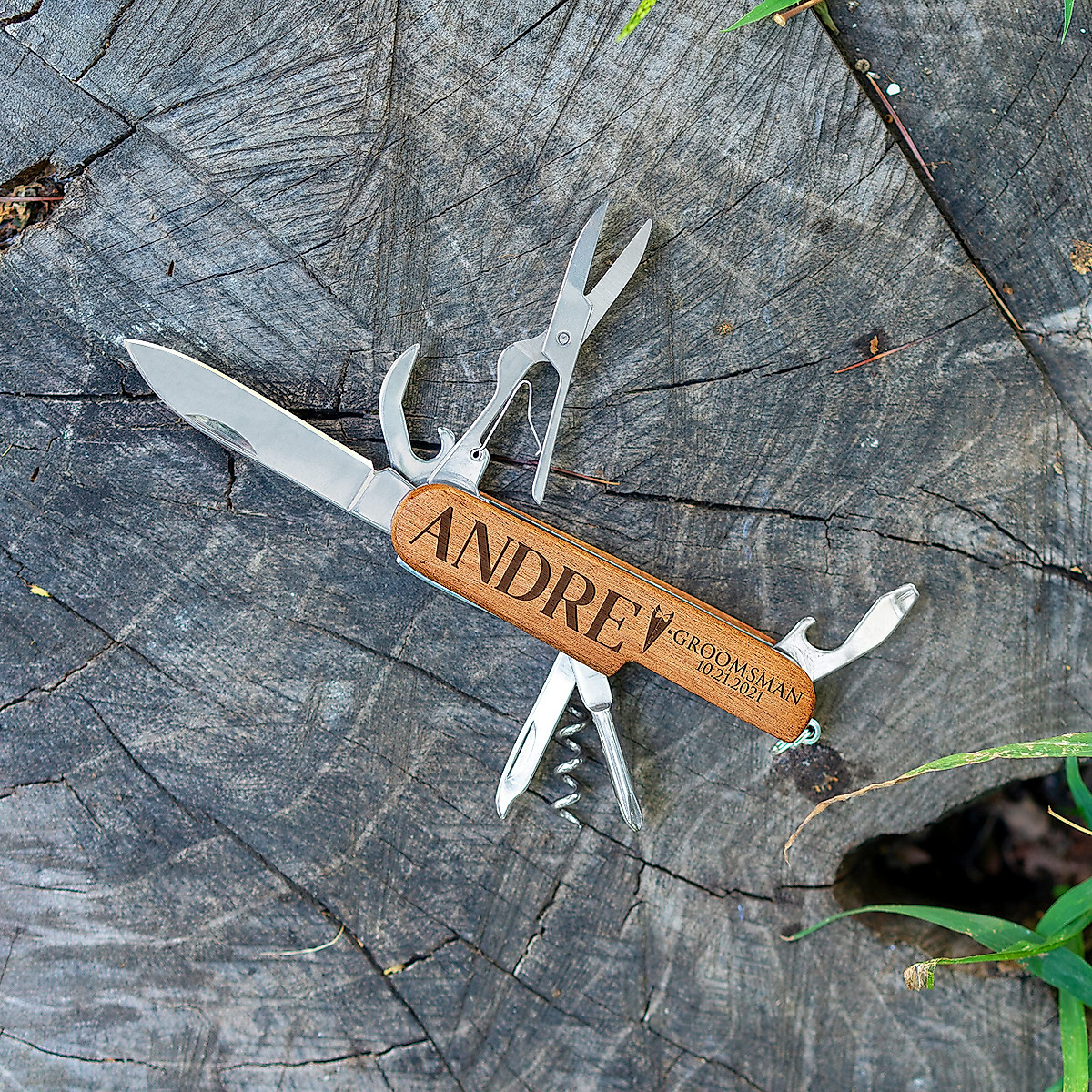 Set of 6 - Personalized Pocket Knife for Groomsmen - 8-Function Multi-Tool Custom Knives - Engraved - Groomsmen Gifts for Wedding, Groomsman Proposal Gifts