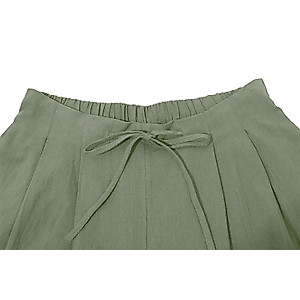 ebossy Women's Summer Drawstring Elastic Waist Cotton Linen Utility Beach Palazzo Pants Pockets (M, Green)