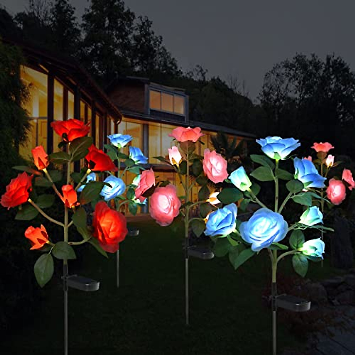 Chasgo Blue Rose Flower Lights Solar Garden Stake Lights with 7 LED Rose Lights Outdoor Waterproof Solar Decorative Lights for Garden Yard Lawn Memorial Cemetery Decoration