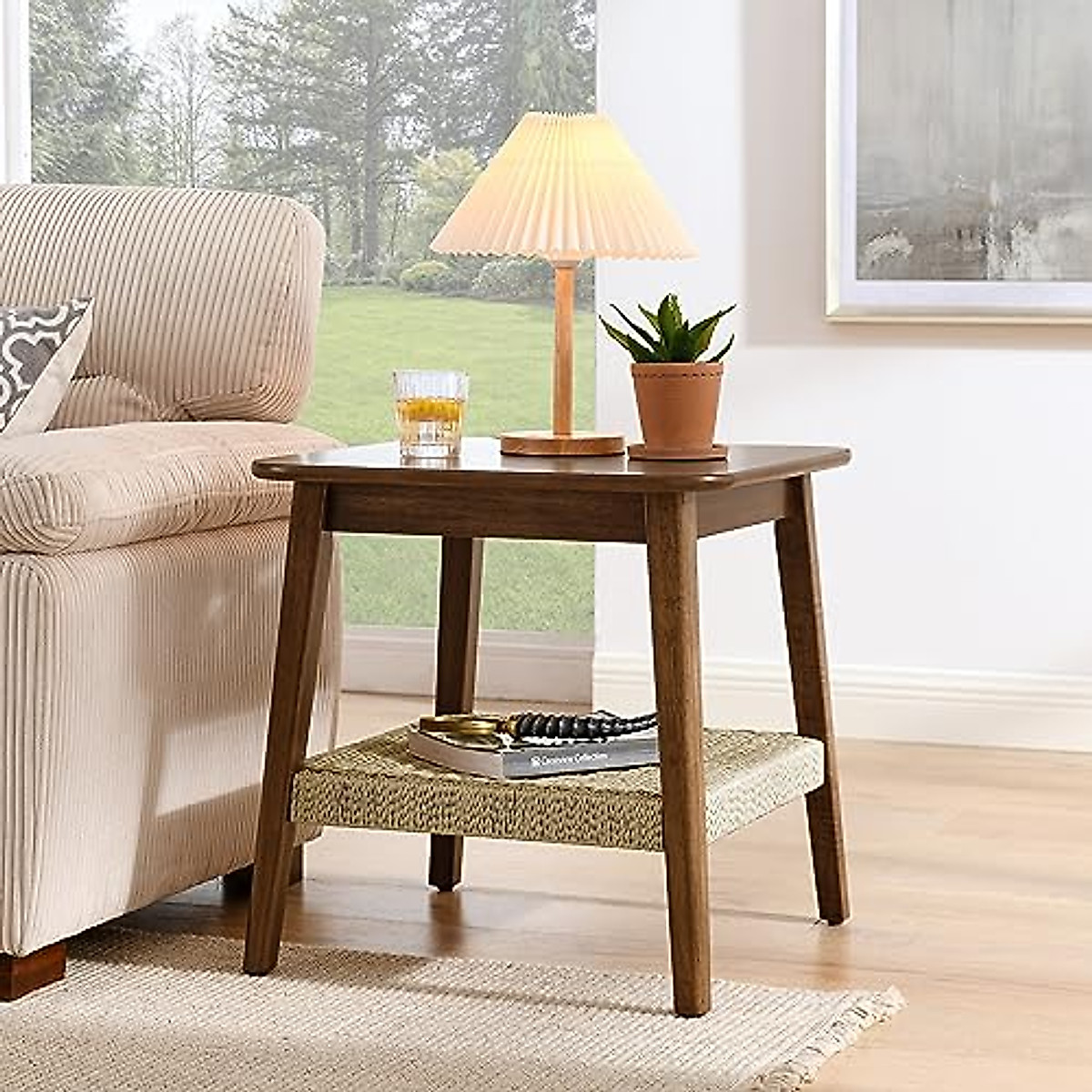 Oriental eLife Mid-Century Side Table with Woven Shelf,Boho End Table with Storage,Small Side Table for Living Room,Couch,Bedroom,Patio,Home Office (23")