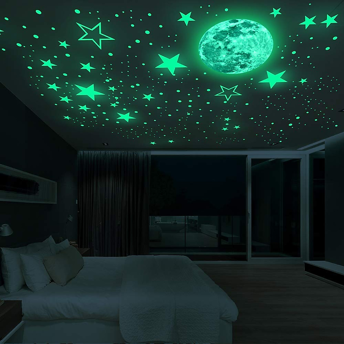 Baybuy Glow in The Dark Stars for Ceiling, 3D Glow Stars Wall Stickers, 1093pcs, Green, Starry Night Style, PVC Material, Reusable, Indoor Use, Perfect for Kids Bedroom and Gift
