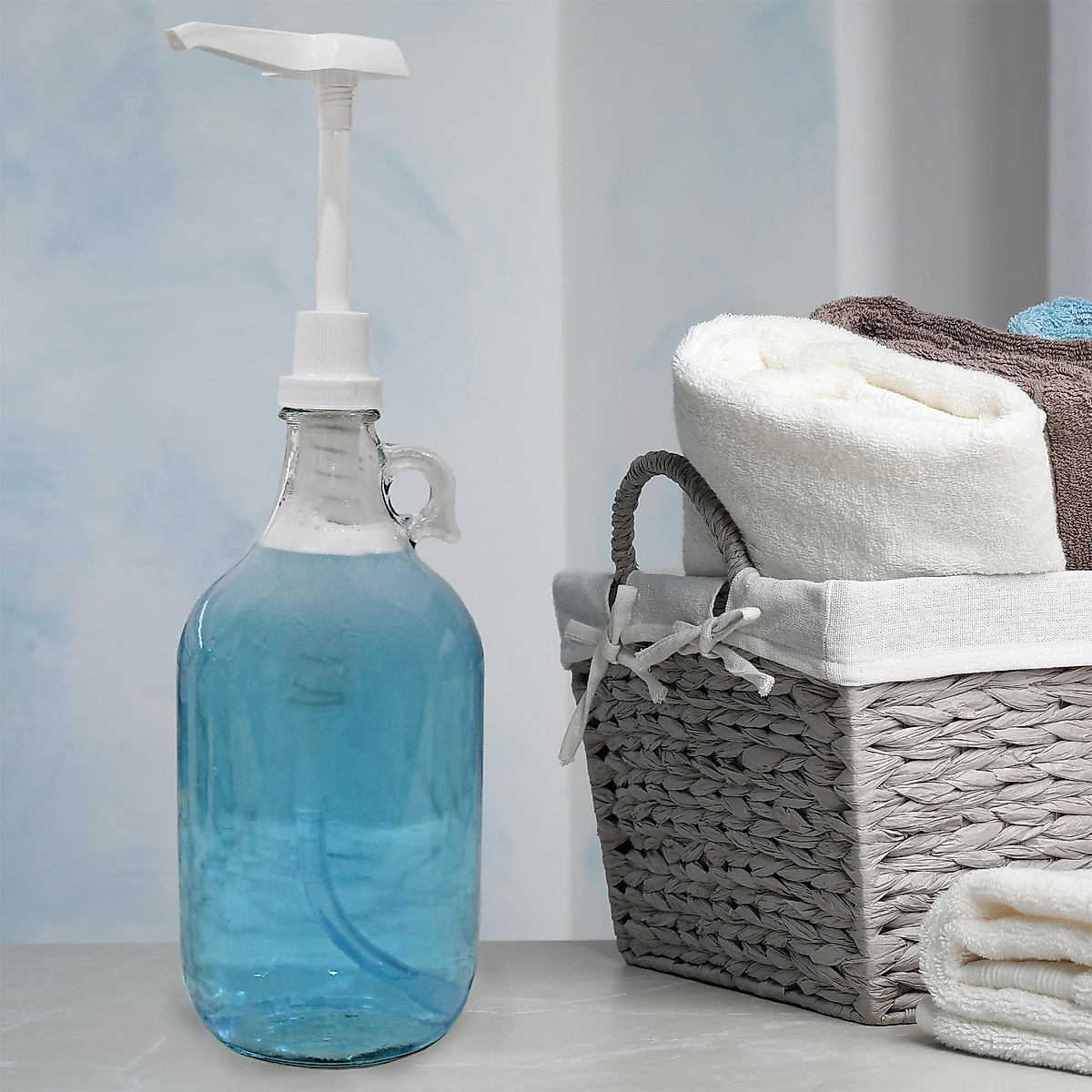 Cornucopia Half Gallon Glass Pump Dispenser Bottle, 64-Ounce Jug with Pump for Sauces, Syrups, Soaps and More