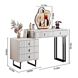leejdn White Vanity Desk with 3-Color Touch Screen Lighted Mirror, 5 Drawers, Makeup Vanity Table Set with LightsDressing Table for Women Girls
