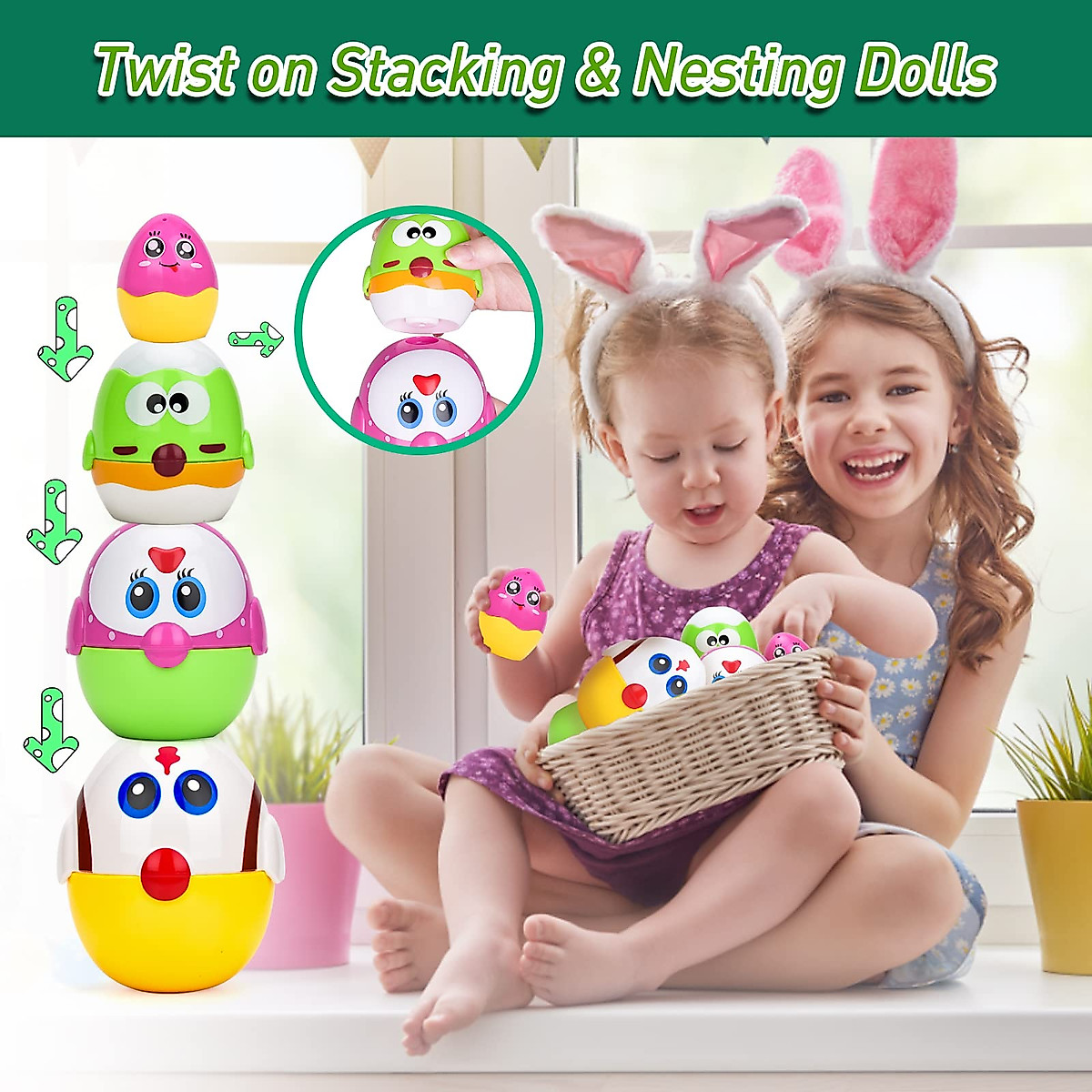 Easter Basket Stuffers Babies, Nesting Easter Eggs Toy Baby Easter Basket Suffers 1 Year Old, Baskets Stacking Toy for Kids，8 Pcs Matching Game for Age 1 2 3 Years Old, Easter Gifts for Toddler Boys