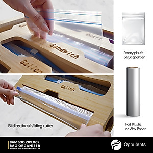 Oppulents Bamboo Ziplock Bag Storage Organizer for Kitchen Drawer with Foil/Plastic Dispenser and Cutter Suitable for Gallon, Quart, Sandwich & Snack Sizes Magnetic Closure Multipurpose Organizer