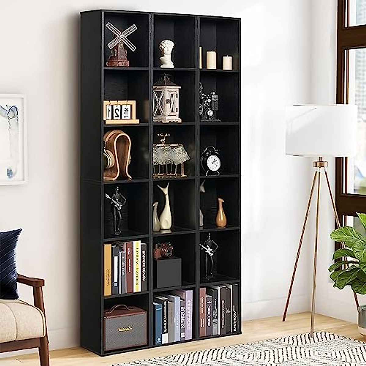 MIN WIN 6-Tier Wooden Tall Narrow Open Bookcase and Bookshelves, 68.5" Modern Freestanding Cube Display Storage Organizer Shelf, Corner Bookcase Narrow Bookshelf with Storage Space, Black