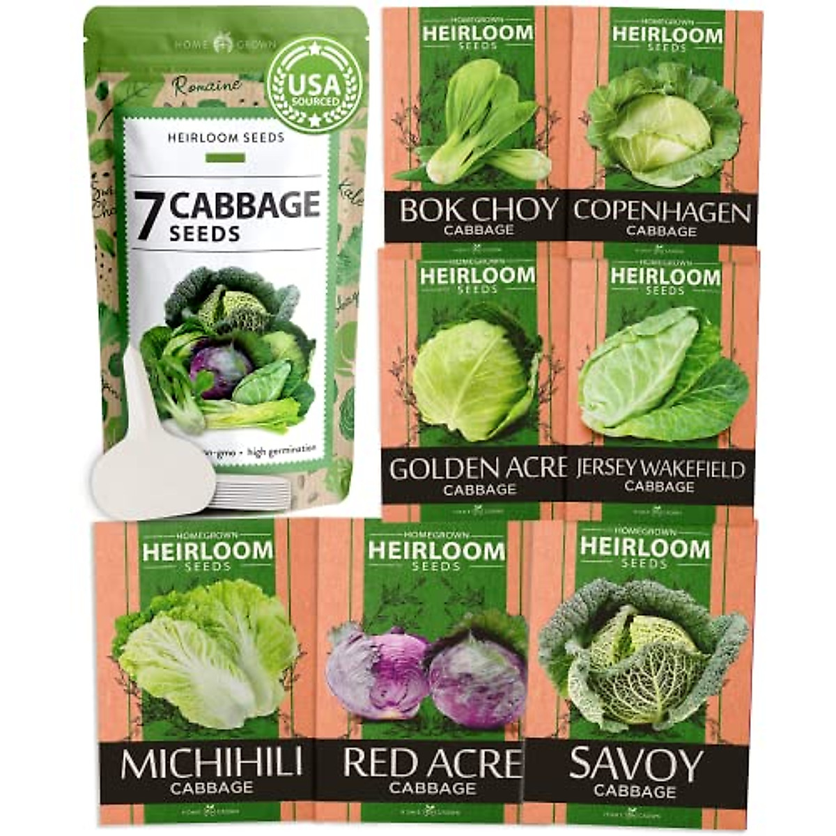 7 Cabbage Seeds for Planting - 2000+ Heirloom & Non-GMO Seeds - Golden Acre, Bok Choy, Savoy, Michihili, Red Acre, Copenhagen Market, Jersey Wakefield Cabbages - Garden Vegetable Lettuce Seeds