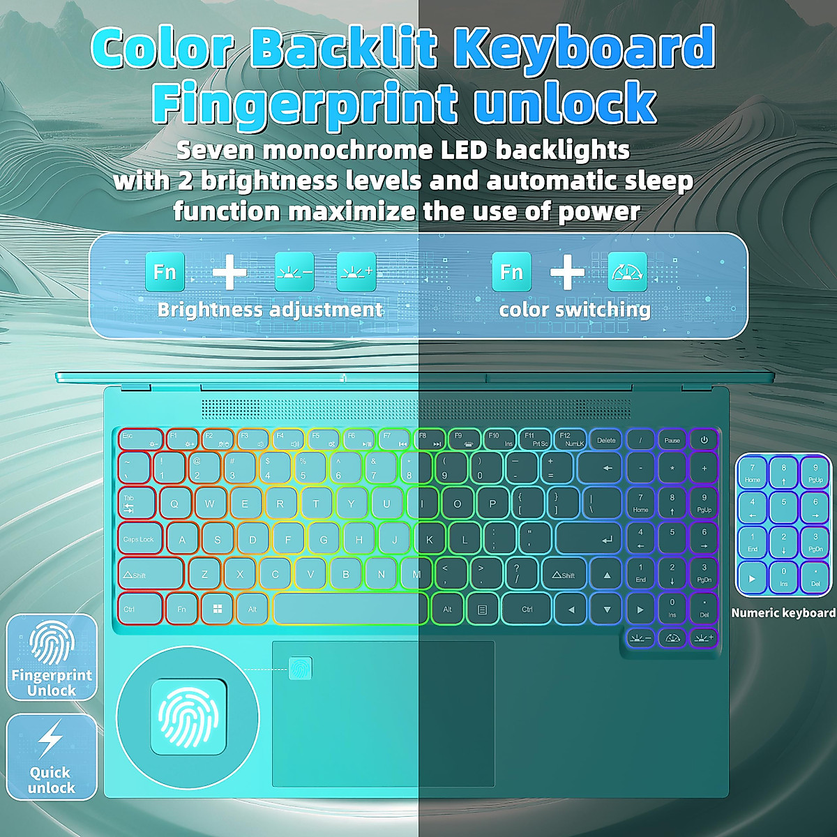 16inch Green Laptop 16G RAM 1TB SSD Ultra-Narrow bezels 2.5K FHD(2560x1600) IPS Screen/N5095 CPU,Win 11 Pro PC with Full Size Numeric Color Backlit KB/Fingerprint(16G+1TB)