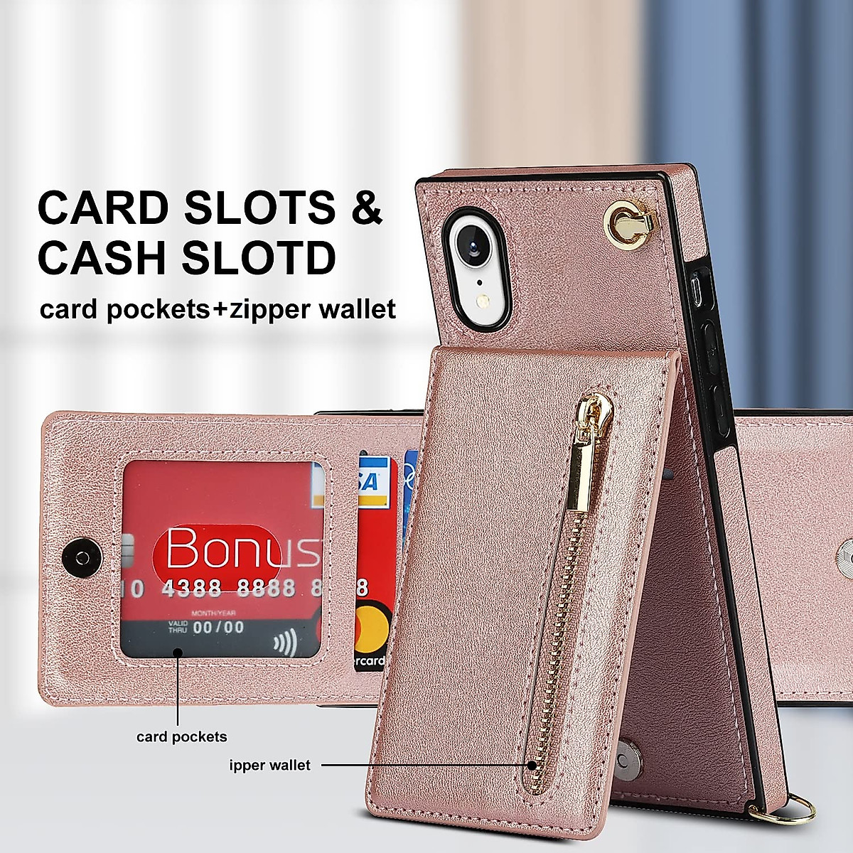 Jaorty Crossbody Phone Case for iPhone XR Case with Card Holder for Women,iPhone XR Case Wallet with Strap Lanyard for Men,PU Leather Magnetic Clasp with Kickstand 6.1", Rosegold