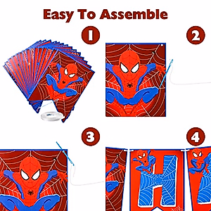 AccontOche Spider Superhero Happy Birthday Banner Bunting, Reusable Swallowtail Flag High Chair Banner Hanging Decor for Nursery, Superhero Theme Birthday Party Decorations Supplies for Baby Kids Boys
