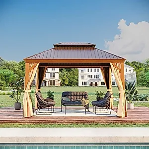 GAZEBEST 10'x12' Hardtop Gazebo Outdoor Aluminum Patio Gazebo Double Roof Galvanized Steel Gazebo Canopy Wooden Finish Coated with Netting and Curtains,for Garden Patio,Patio Backyard,Deck and Lawns
