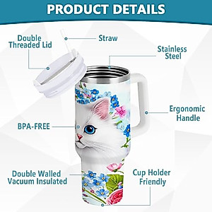 Cozy White Cat Rose 40 Oz Tumbler with Handle, Stainless Steel Cups with Lid, Travel Coffee Tumbler