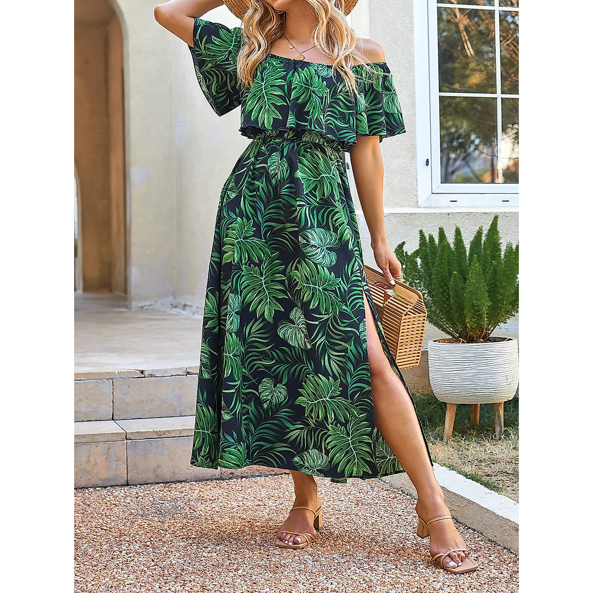 CUPSHE Dress for Women Summer A Shape Dresses Off Shoulder Sleeve Maxi Length Ruffle Fitted Waisted Tropical Printed, M Green