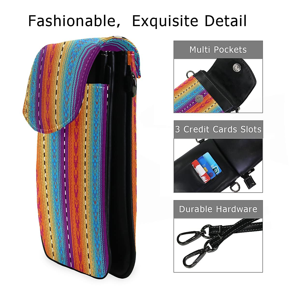 xigua Colorful Ethnic Mexican Stripes Crossbody Phone Purse Small Mini shoulder Bag Cell Phone Pouch Leather Wallet Best Gift for Valentines Day,Anniversary,Birthdays