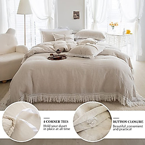 Simple&Opulence 100% Linen Boho Duvet Cover,3pcs Bohemian Textured Collection Bedding Set for All Seasons,French Country Comforter Cover Set with Pillow Shams (Queen, Tassel-White)