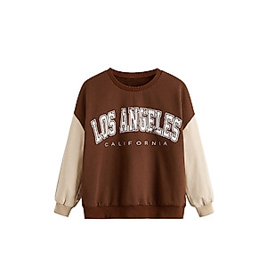 SOLY HUX Girl's Letter Print Sweatshirt Casual Long Sleeve Drop Shoulder Pullover Tops T Shirt Coffee Brown 11-12Y