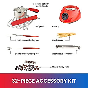 Total Chef Chocolatiere Electric Melter for Chocolate and Candy Melts, 8.8 oz (250 g), Fondue Pot, DIY Candy Maker with 32-Piece Accessory Kit for Dessert, Special Occasion, Romantic Dinner, Red
