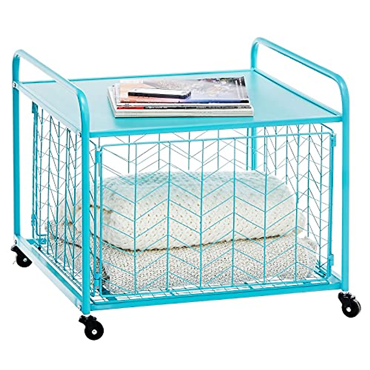 mDesign Small Portable Mini Fridge Storage Cart with Wheels and Handles - Mobile Refrigerator, Microwave, Appliance Platform Table with Drawer Basket for Dorm Room, Studio, Apartments - Ocean Blue