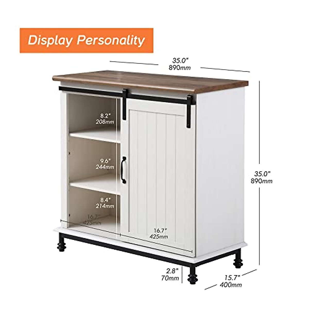 WAMPAT Storage Cabinet with Sliding Barn Door,Decorative Farmhouse Buffet Cabinet Coffee Bar Cabinet Accent Cabinet Entryway Storage Table for Living Room,Bathroom and Kitchen,Metal Feet,35 Inch,White