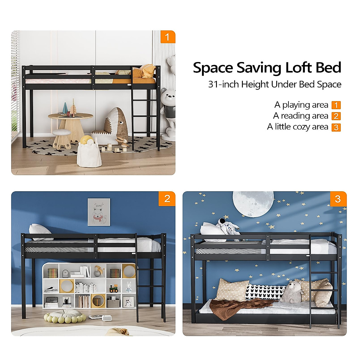 Bonnlo Low Loft Bed Twin Size with Inclined Stairs, Junior Loft Bed with High Guard Rail for Kids/Young Teens/Adults, Solid Wood Low Bunk Bed Twin Size Black, No Box Spring Required