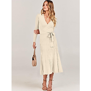 ANRABESS Women's 2024 Long Sleeve Sweater Dress Wrap V Neck Pleated Ribbed Knit A Line Belted Tie Waist Midi Dress Beige Medium